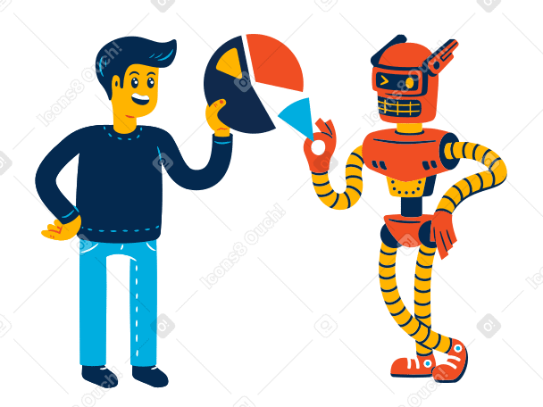 Man and robot make a pie chart together Illustration in PNG, SVG