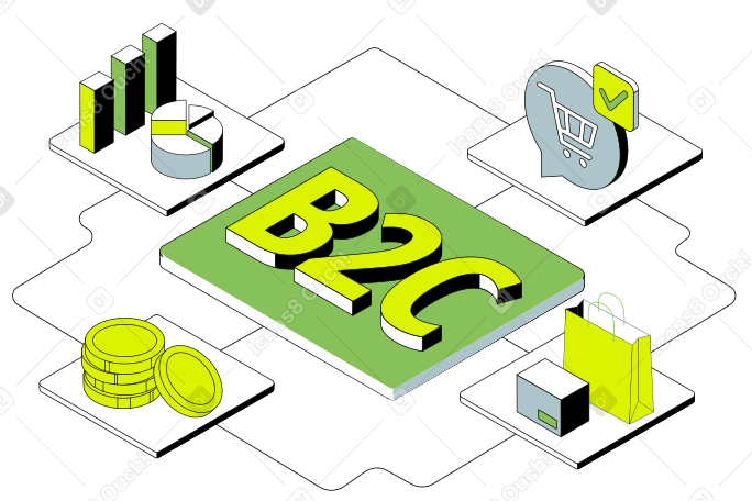Lettering B2C with shopping cart sign, coins and checkmark text PNG, SVG
