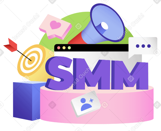 Lettering SMM with target, social media signs and megaphone text PNG, SVG