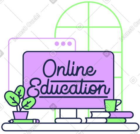 Lettering Online Education on screen with books and plant text PNG, SVG