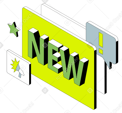 Lettering New! with megaphone and exclamation mark signs text PNG, SVG