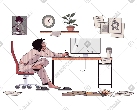 Sad designer working on drawing tablet and computer PNG, SVG