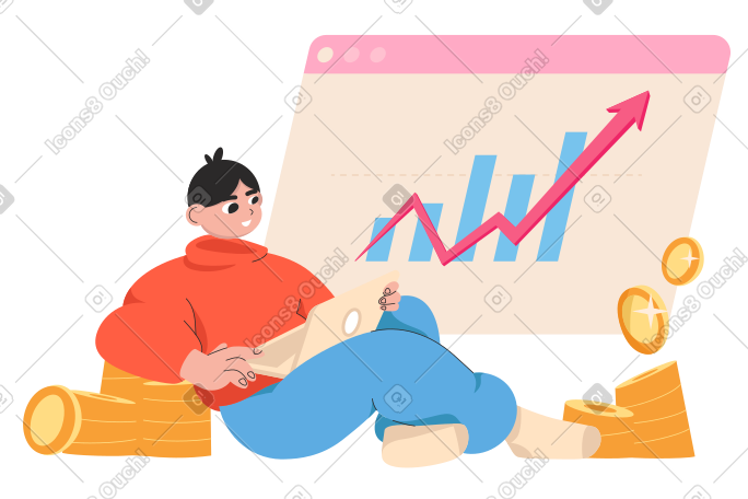 Man with a laptop looking at a graph of investment growth animated ...