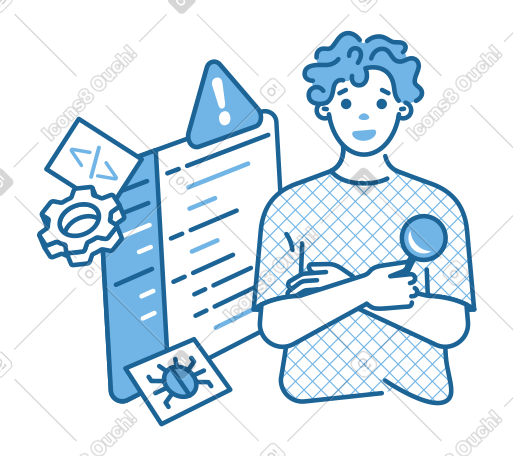 QA engineer holding magnifier and finding bugs in the code PNG, SVG