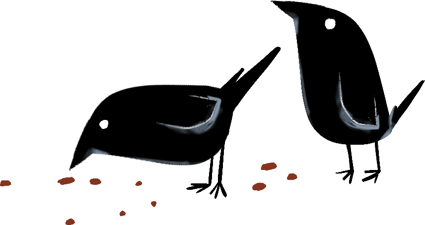 Black little birds eating crumbs Illustration in PNG, SVG