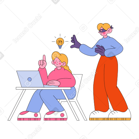 Girl getting an idea and thief wanting to steal the idea Illustration ...