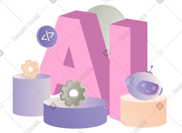 Lettering AI with gears, robot head and code sign text PNG, SVG