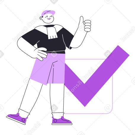 Smiling man shows thumbs up near huge check mark Illustration in PNG, SVG