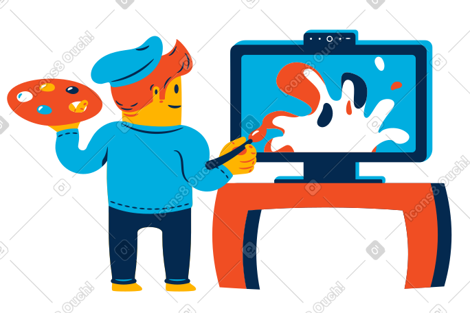 Artist with color palette painting on monitor PNG, SVG