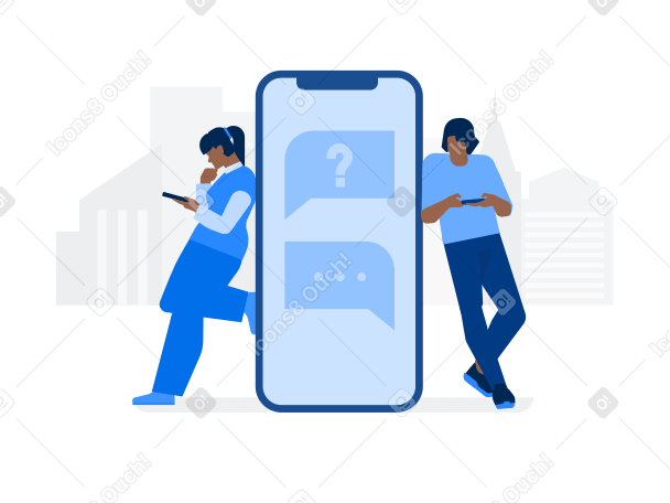 Man and woman in online chat on the background of the city Illustration ...