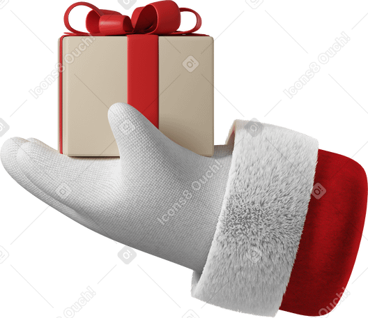 3D Santa's hand holding a gift box Illustration in PNG, SVG