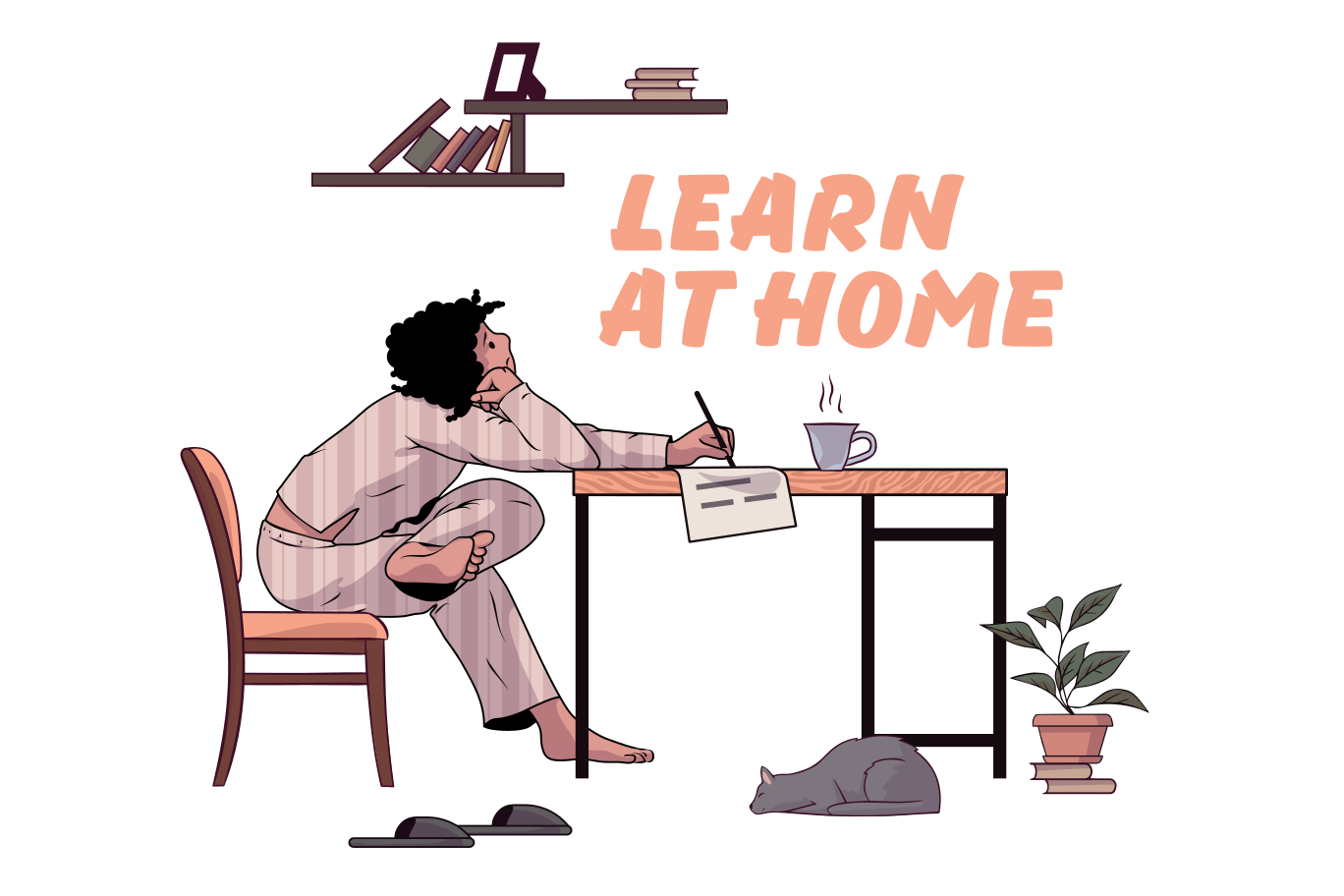 Learn at home text with a student doing homework at home Illustration ...