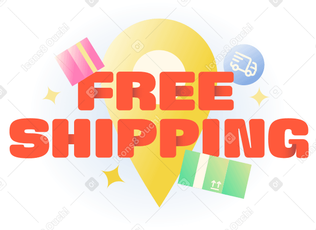 Lettering Free Shipping text with location sign and boxes PNG, SVG