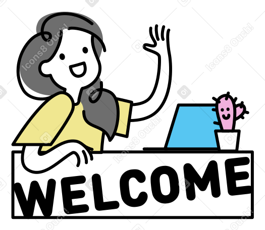 Welcome lettering, woman waving hello PNG, SVG