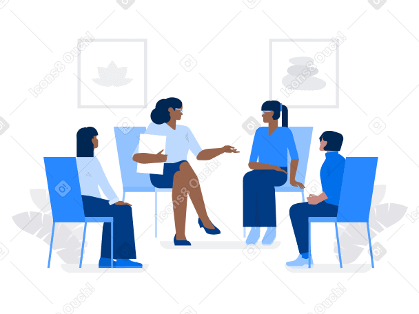 Female psychologist conducts group psychotherapy with three clients ...