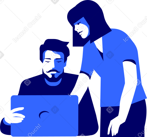 Woman and a man with a laptop discuss a project Illustration in PNG, SVG