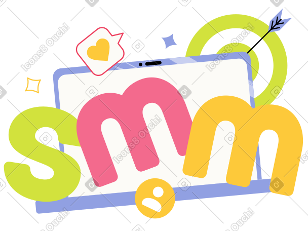 Lettering SMM with laptop, target and social media signs text PNG, SVG