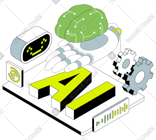 Lettering Artificial intelligence with robot and hand holding the brain ...