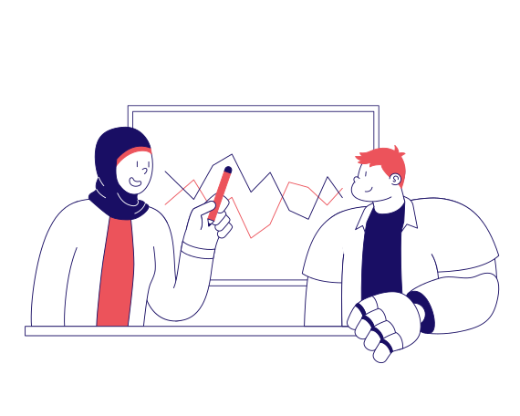 Man and woman discussing the graph on the whiteboard animated ...