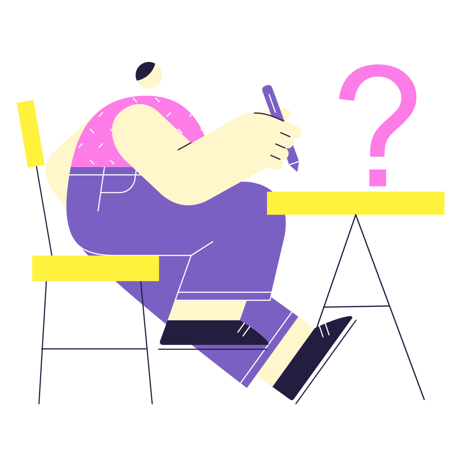 Confused man with pen and question mark Illustration in PNG, SVG