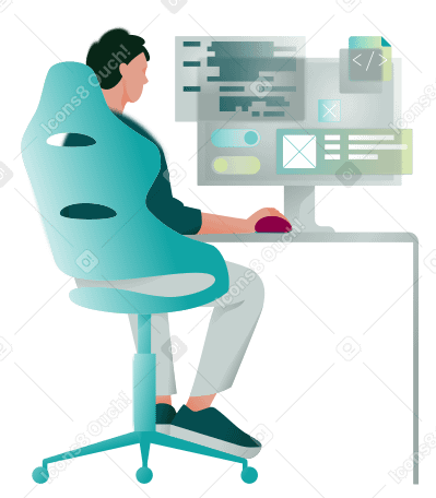 Man programmer writing code and making web design on a PC Illustration ...