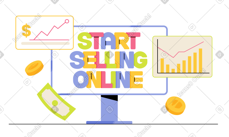 Lettering Start Selling Online on screen with coins and growth charts ...