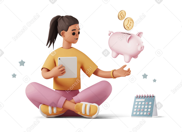 3D Girl planning budget with tablet and piggy bank Illustration in PNG, SVG