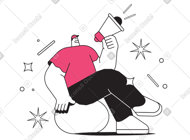 Man promoter sitting on exercise ball and shouting into megaphone ...