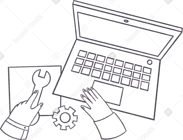 Man fixing laptop holding wrench in hand Illustration in PNG, SVG