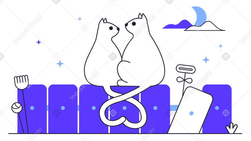 Two cats sitting on fence with tails in shape of heart Illustration in ...