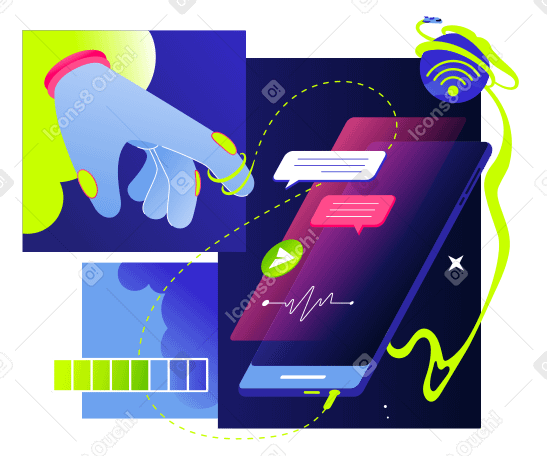 Hand hovering over send button in messenger Illustration in PNG, SVG