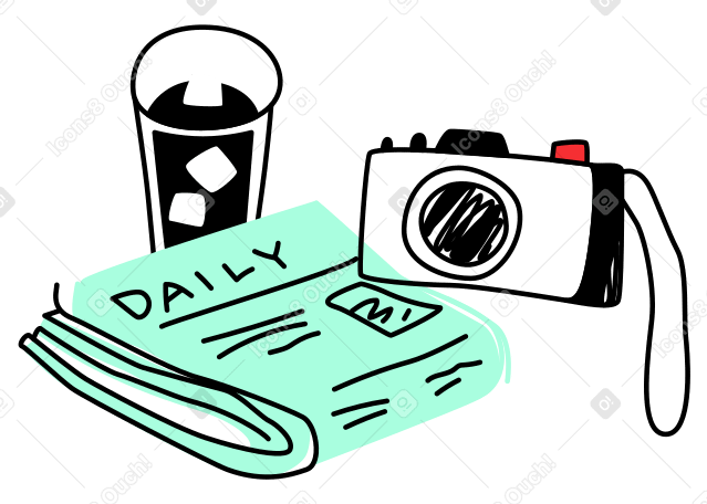 Newspaper, iced cola and camera PNG, SVG