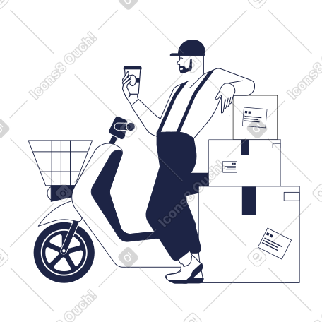 Delivery man with cardboard boxes and scooter completing the order ...