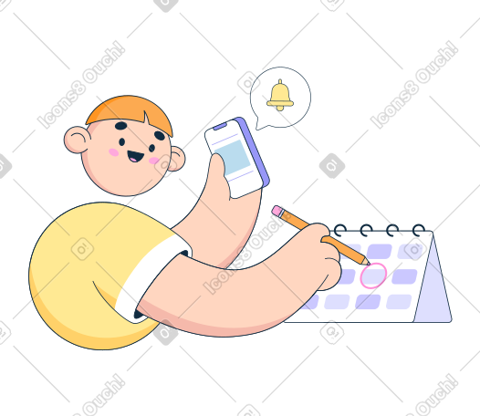 Man makes a reminder in the calendar and receives a notification PNG, SVG