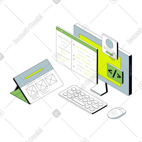 Desktop with programming code, tablet with website mockup PNG, SVG