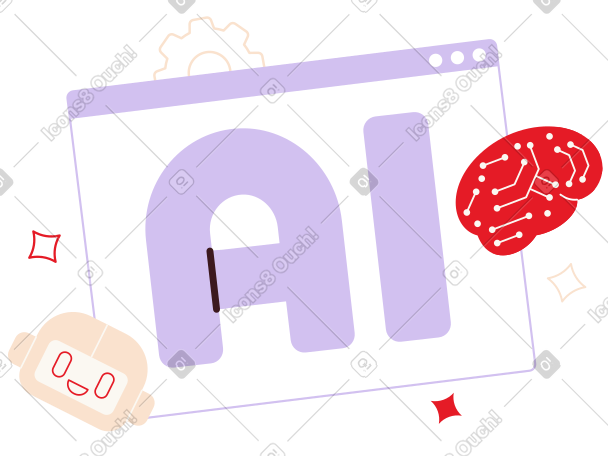 Lettering AI with browser, robot head and brain text PNG, SVG