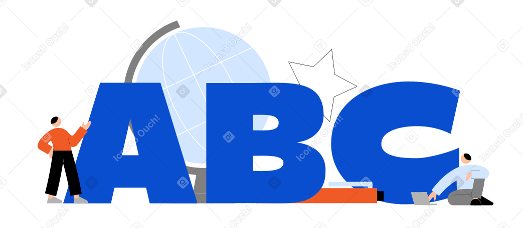 Lettering ABC with globe, star and pen text PNG, SVG