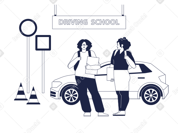 Two students on background of car and road signs from driving school ...