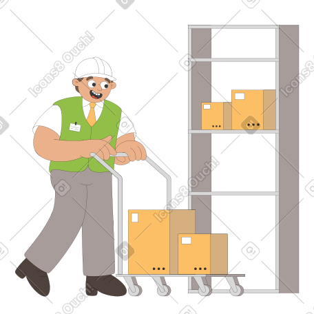 Warehouse worker moving packages in cart PNG, SVG