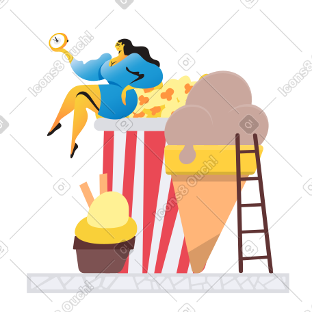 Woman sitting on a pile of junk food with timer in hand animated ...