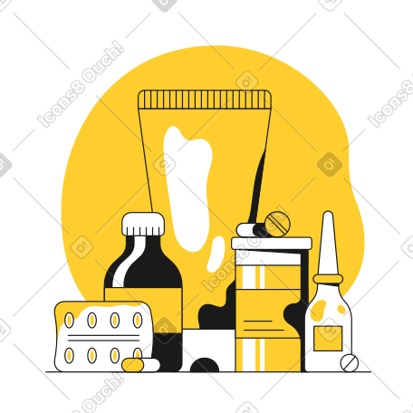 Tipos de medicamentos con tabletas, pastillas y aerosoles. PNG, SVG