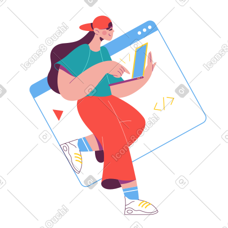 Woman working on laptop checking her workflow animated illustration in ...
