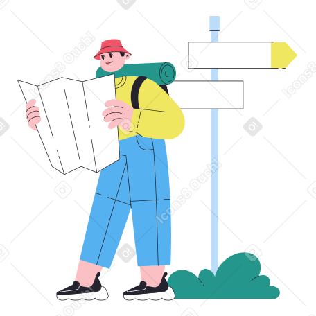 Traveller man looking at map near signpost Illustration in PNG, SVG