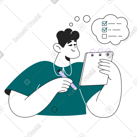 Man marks completed tasks in a notebook PNG, SVG