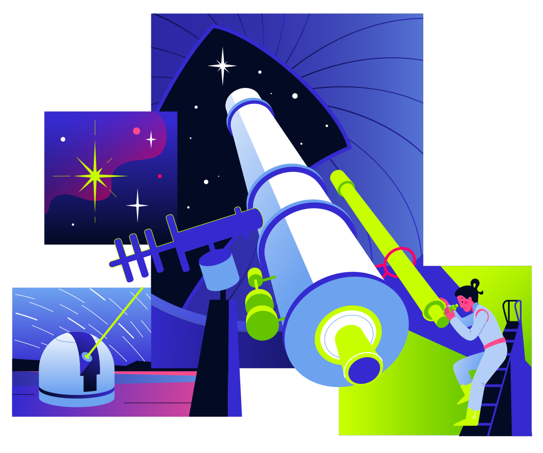 Woman scientist in an observatory looking at the stars through a ...