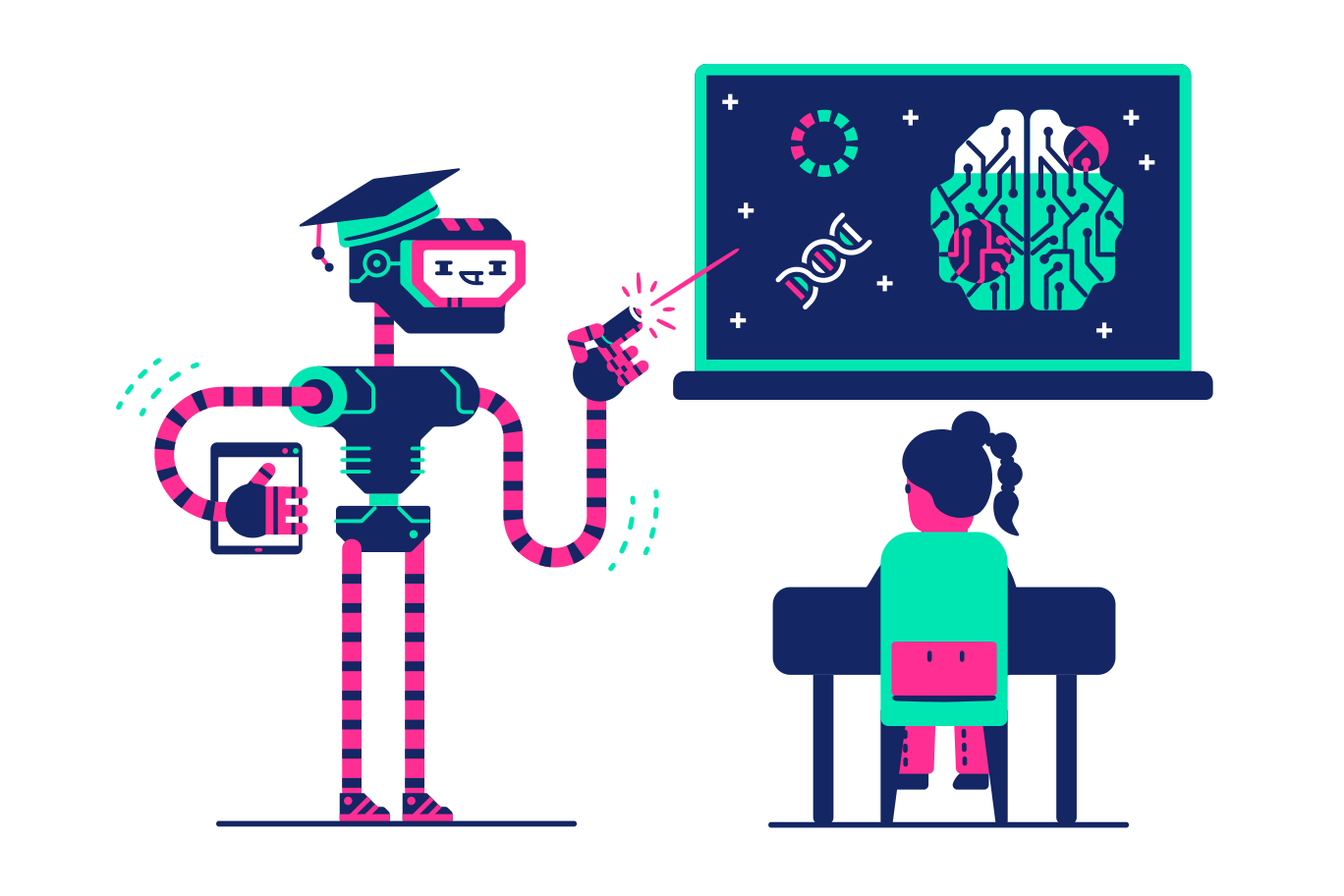Robot teaches biology to girl in class Illustration in PNG, SVG