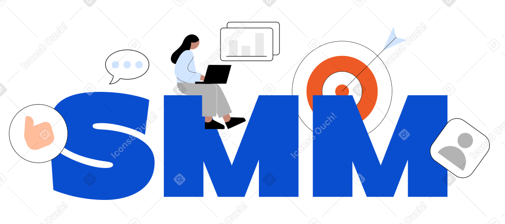 Lettering SMM with social media signs and target text PNG, SVG