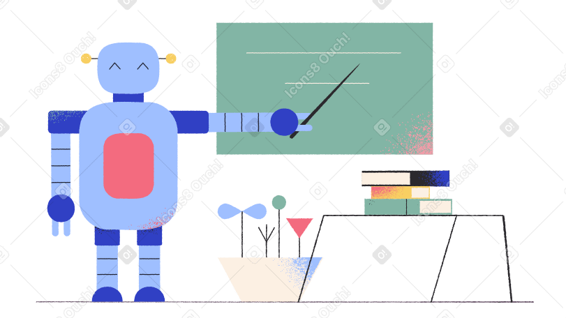 Robot teacher by the blackboard Illustration in PNG, SVG