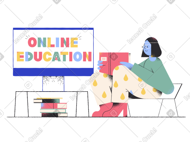 Lettering Online Education with a screen and a girl reading PNG, SVG