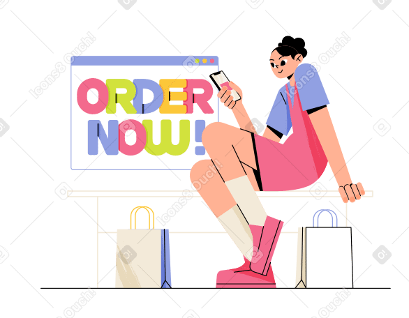 Lettering Order Now! with girl shopping online Illustration in PNG, SVG